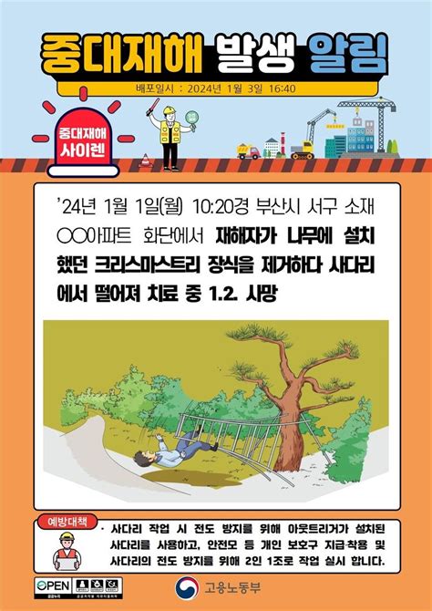 나무에 설치했던 크리스마스트리 장식을 제거 중 사다리에서 떨어짐