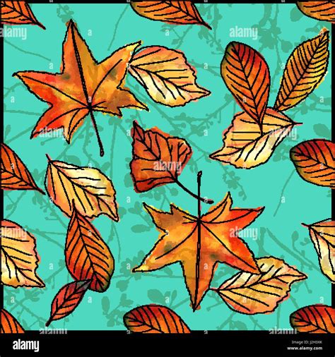 Autumn Leaves On Teal Background Seamless Vector Watercolor Stock
