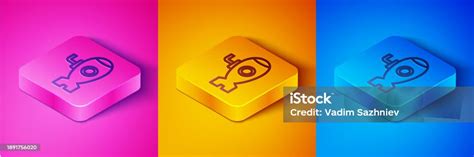 아이소메트릭 라인 잠수함 아이콘은 분홍색과 주황색 파란색 배경에 격리되어 있습니다 군함 사각형 버튼 벡터 3차원 형태에 대한 스톡 벡터 아트 및 기타 이미지 Istock