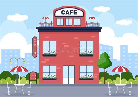 Cafe Illustration With Open Board Tree And Building Shop Exterior