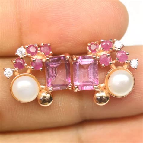 ROSE TOPAZE MYSTIQUE Rubis Perle Zircone Boucles Argent Sterling EUR PicClick FR