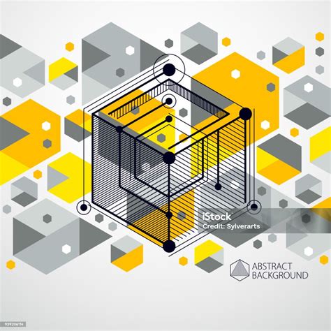 キューブと線で作られた工学技術は黄ベクトルの 3 D 壁紙エンジニア リング システム抽象的な技術背景のイラスト抽象的な技術的背景 図面の
