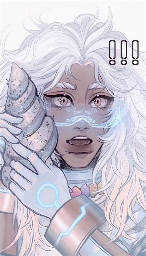 A Woman With White Hair And Blue Eyes Holding A Silver Object In Front