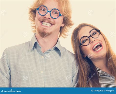Nerd Man And Woman Having Fun Smiling Stock Image Image Of Laughing Friends 141760479