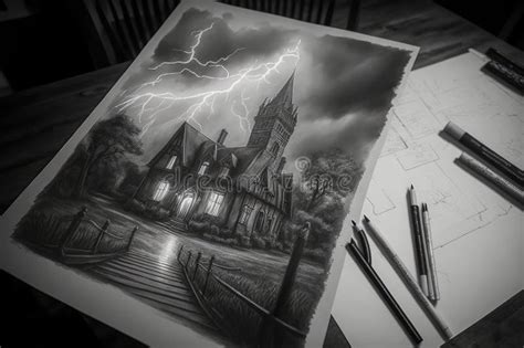 Pencil Sketch Of Gothic House With Stormy Skies And Lightning Bolts In