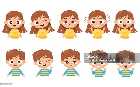 아이들의 감정을 설정하십시오 다른 얼굴 표정과 감정을 가진 귀여운 소년과 소녀의 초상화 행복 분노 미소 기쁨 경이로움 벡터 격리