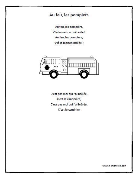 Chansons Prescolaire Au feu les pompiers à imprimer en pdf