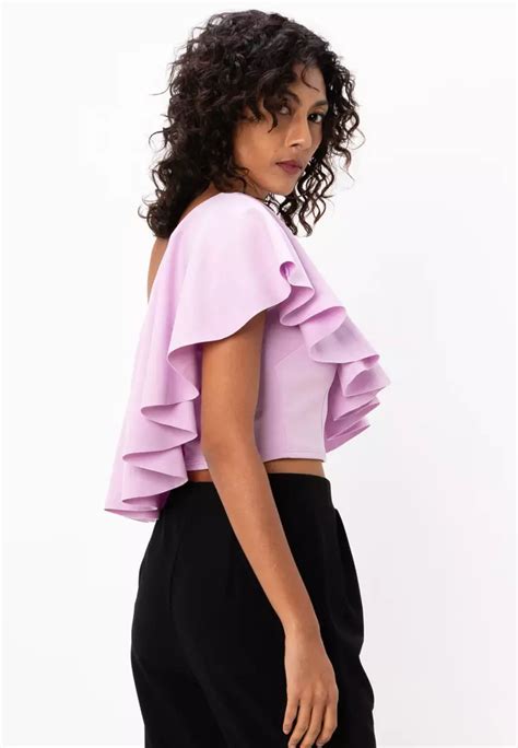 Jual Asos Design Petite Scuba One Shoulder Frill Crop Top Original 2025