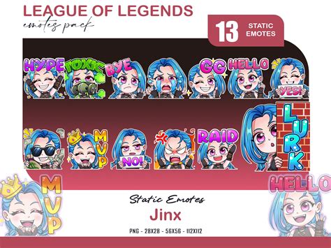 13 Jinx League Of Legends Emotes Pack Mvp Lurk Jinx Twitch Discord