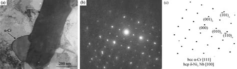 TEM image and selected area diffraction patterns of α Cr and δ phases