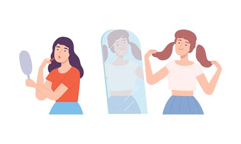 거울 세트를보고있는 아름다운 여성 립스틱을 바르고 헤어 스타일 만화 벡터 일러스트 레이 션을 만드는 쾌활한 긍정적 인 소녀 개성