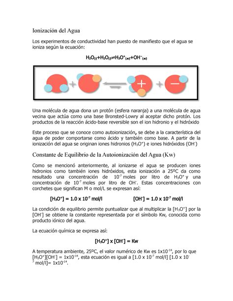Ionización del Agua 6 Los productos de la reacción reversible son el