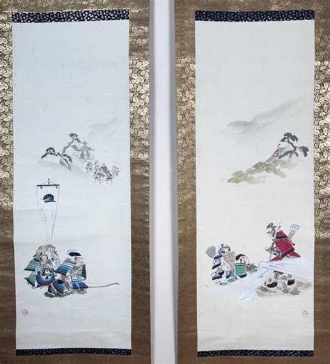 【やや傷や汚れあり】鳴】菊池 容斎 武者 双幅 絹本 掛軸 肉筆保証 時代箱付き Jo242 35検：渡辺省亭 暁斎 広重 円山応挙 浮世絵