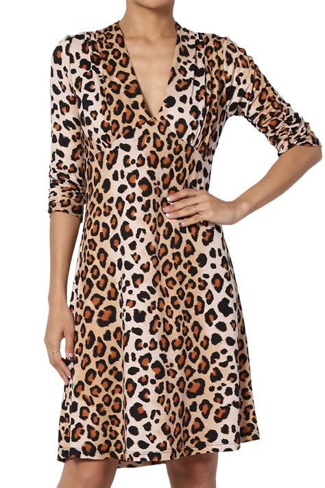Themogan Womens Plus Leopard Print 3 4 Sleeve V Neck Fit And Flare