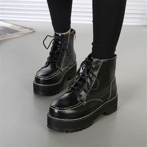 Розничная Черный Платформа Толстый Каблук Зашнуровать Женщины Ботильоны молния Осень Causel