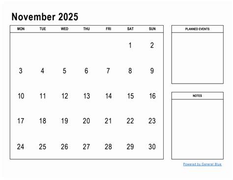 Editable November 2025 Monthly Calendar