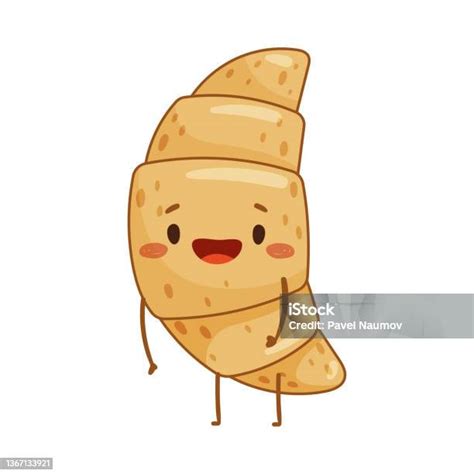 베이커리 음식 만화 캐릭터 귀여운 크루아상 과 재미 미소 얼굴 벡터 일러스트 0명에 대한 스톡 벡터 아트 및 기타 이미지 0
