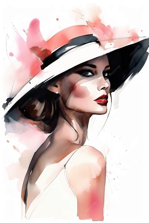 Premium Photo Watercolor Woman With Hat Portrait Fashion Illustration