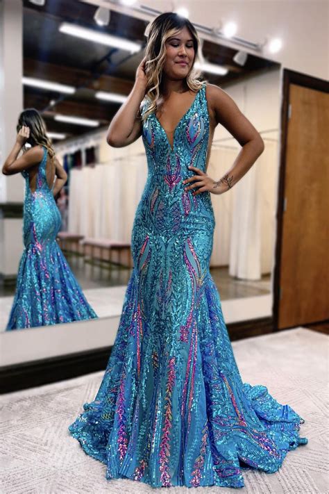 Blue Sequin Lace V Neck Mermaid Long Prom Dresses Md100303 Dressmeet
