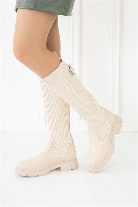 Bézs Textil Műbőr Magasszárú Csizma Magasszárú Csizmák Női Cipő