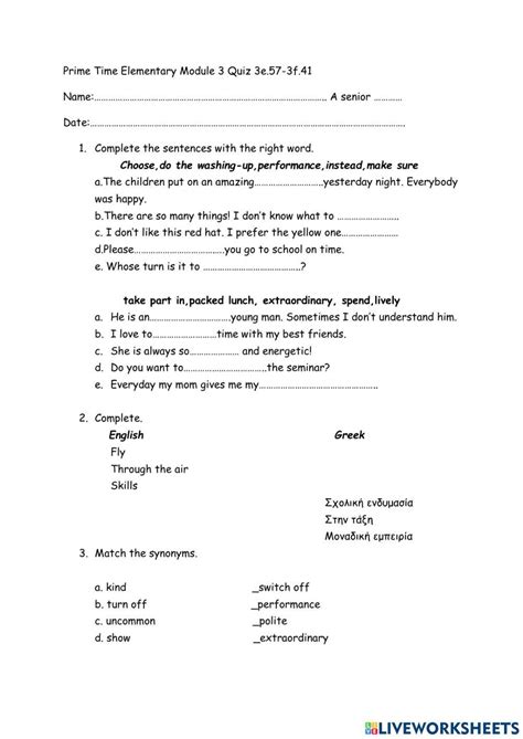 Prime Time Elementary Module 3ef Worksheet Live Worksheets