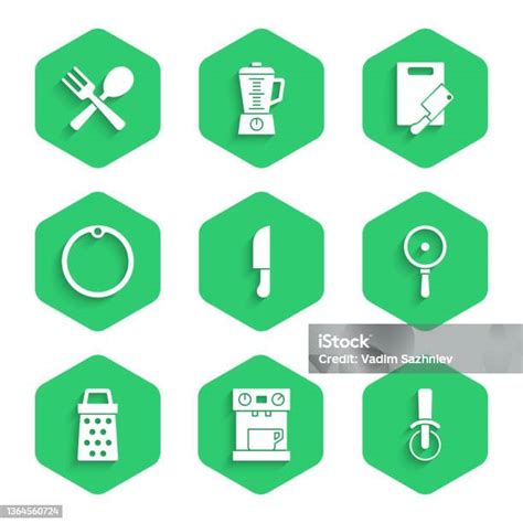 세트 나이프 커피 머신 피자 나이프 프라이팬 강판 도마 고기 헬기와 크로스 포크 스푼 아이콘 벡터 강철에 대한 스톡 벡터 아트 및 기타 이미지 Istock