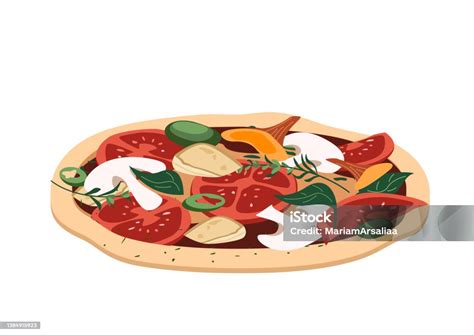 샴페인 살구 모짜렐라 브리 치즈 소스 바질 잎 두꺼운 크러스트를 곁들인 버섯 맛있는 피자 맛있는 이탈리아 채식 요리 흰색 배경에 격리된 벡터 그림 가득 찬에 대한 스톡 벡터