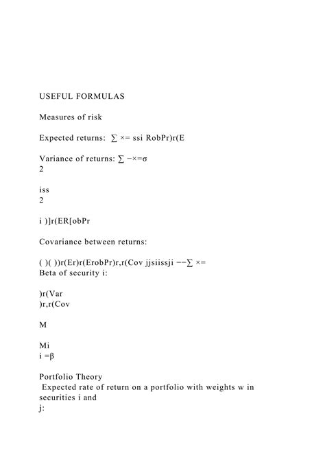 Useful Formulas Measures Of Risk Expected Returns Docx