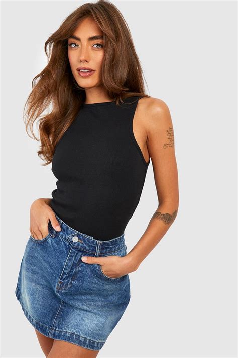 Basic Rib Racer Neck Bodysuit Boohoo Au