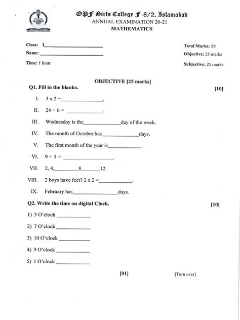 Math Class 1 Girls Pdf