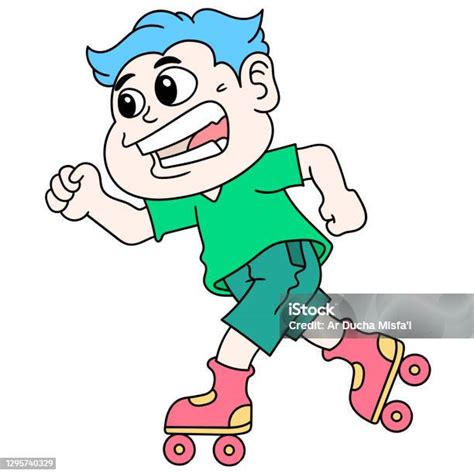 소년은 행복하게 롤러 스케이트 캐릭터 귀여운 낙서 그리기입니다 벡터 일러스트레이션 건강한 생활방식에 대한 스톡 벡터 아트 및 기타 이미지 건강한 생활방식 그리기 낙서