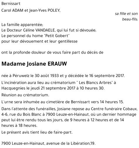 Avis De Décès De Josiane Erauw Décédé Le 16092017 à Péruwelz Annonce Condoléances Fleurs
