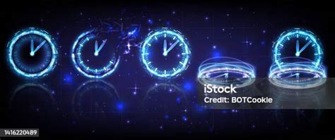 타임머신 페이드 타이머 및 마감일 빛나는 Hud 요소 시계의 공상 과학 디지털 시간 수집 과학 미래 기술의 홀로그램 포털 게임 판타지의 매직 워프 게이트 텔레포트 연단