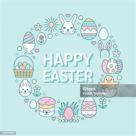 부활절 카드 원 플랫 라인 아이콘 서식 파일입니다 계란 바구니 달걀 사냥 토끼 봄 꽃 둥근 벡터 일러스트 레이 션 케이크 기독교 축 하에 대 한 얇은 표지 포스터 개념에