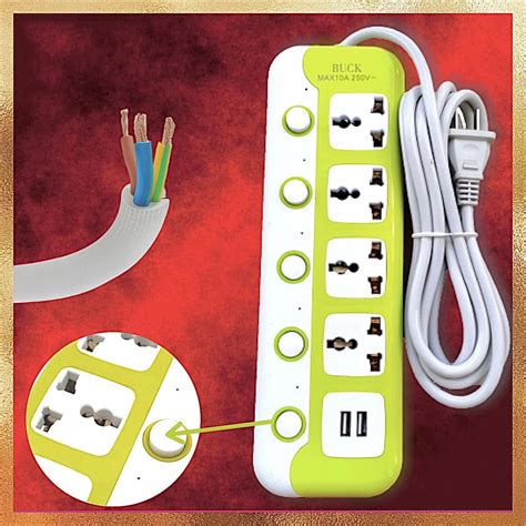 Original Heavy Duty Extension Cord 250v 2200w With 4 Usb Charging 6 Universal Outlet Port Power