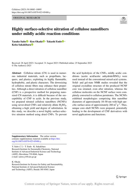 Pdf Highly Surface Selective Nitration Of Cellulose Nanofibers Under