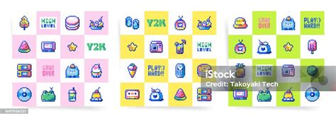 Y2k 원활한 픽셀 아트 패턴 세트입니다 레트로 아케이드 분위기 다채로운 추상 게임 그래픽의 8비트 향수 벡터 디자인은 게이머 어린이 및 빈티지 괴짜에게 이상적입니다 여름