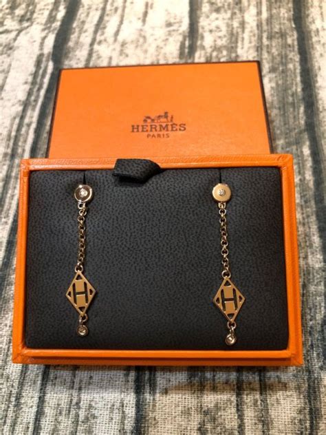 全配正本購證賠售價Hermes Gambade H高級珠寶18K金四點鑽垂墜式耳環 Yahoo奇摩拍賣