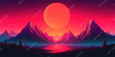 美麗的山地合成波逆波壁紙有涼爽而鮮 的 虹設計 Premium Ai Generated Image