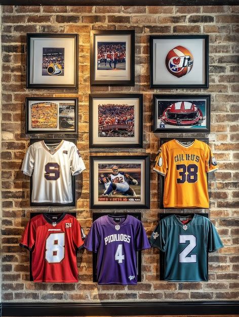 Limited Edition Sports Jerseys Framed And Hung On A Brick Wall