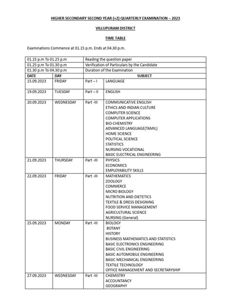 Quarterly Exam Time Table 2023 Pdf Engineering Science