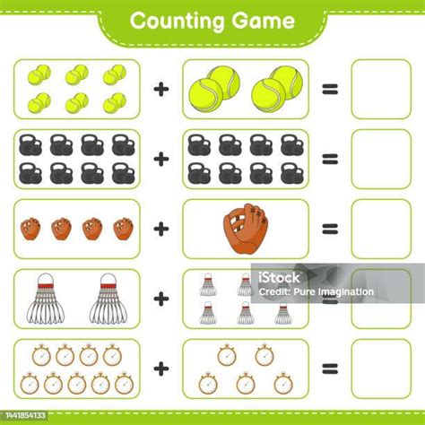 야구 글러브 스톱워치 테니스 공 덤벨 셔틀콕의 수를 세고 올바른 숫자로 일치시킵니다 교육 어린이 게임 인쇄 워크시트 벡터 일러스트 레이 션 0명에 대한 스톡 벡터 아트 및