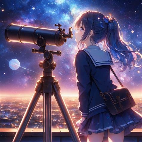 Anime Girl Looking At The Stars Through A Telescope Girl Looks At The