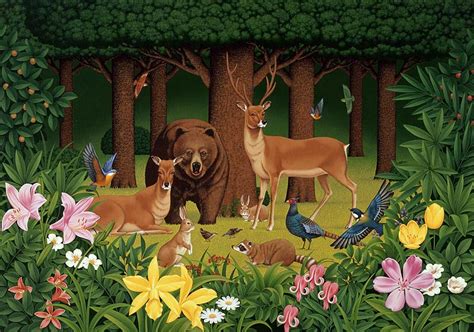 森の仲良し動物たち：クマを中心に共生する鹿やウサギやカラフルな花と小鳥たちのリアルな手描きイラスト