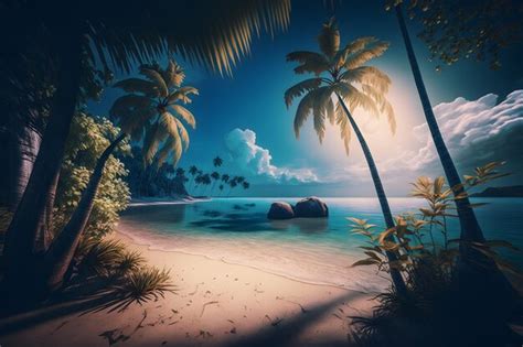 Premium Ai Image Panorama Of Tropical Beach With Coconut Palm Trees Neural Network Ai Generated