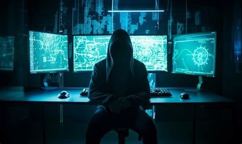 Premium Photo Unknown Male In A Hood Sitting His Back To The Table For Computer Screens