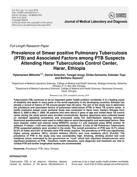 Pdf Prevalence Of Smear Positive Pulmonary Tuberculosis Ptb And