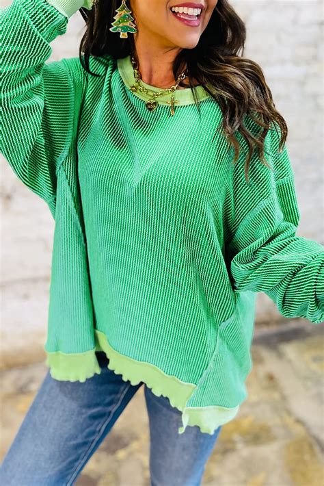 Bright Green Twisted Rib Uneven Hem Drop Shoulder Loose Knit