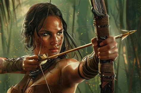 Woman Holding Bow And Arrow In Forest Premium Ai Generated Image
