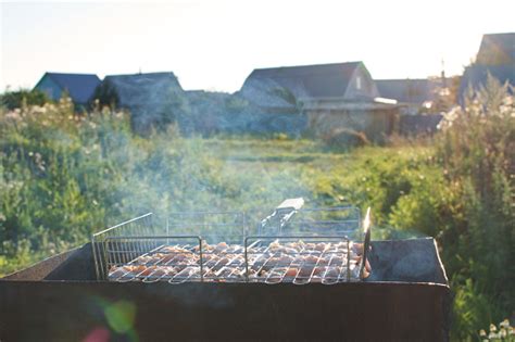 구운된 돼지고기 시 케밥 또는 바베 큐 꼬치 잔인 한 연기 바베 큐 전통 음식에 Shashlik를 가까이 그릴 조리 과정 바베